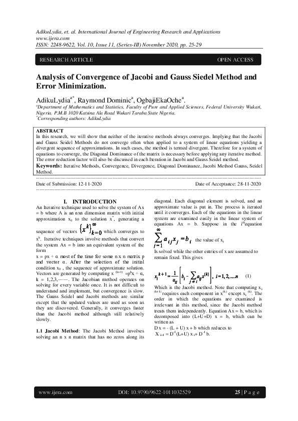 (PDF) Analysis of Convergence of Jacobi and Gauss Siedel Method and Error Minimization