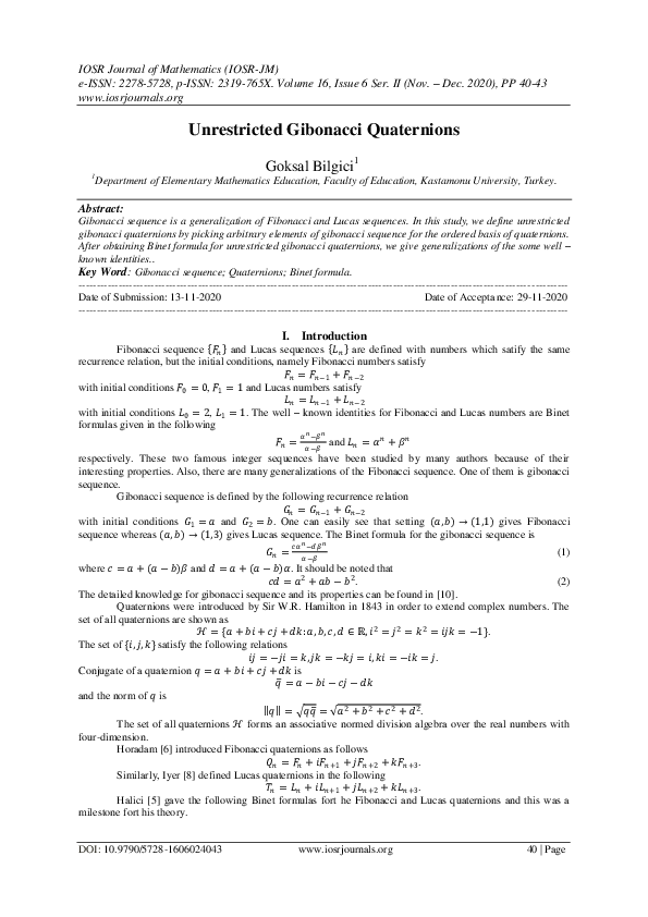 (PDF) Unrestricted Gibonacci Quaternions