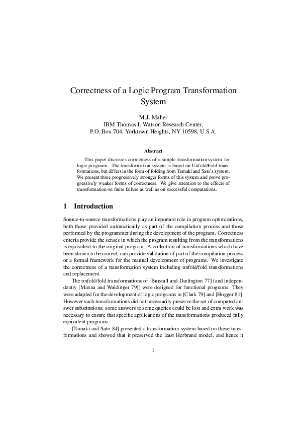 Pdf Correctness Of A Logic Program Transformation System