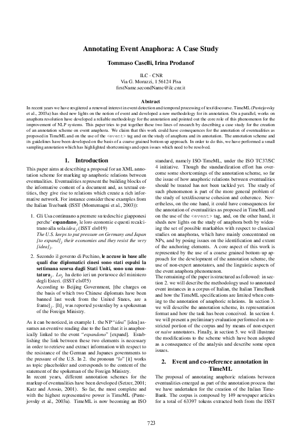 (PDF) Annotating Event Anaphora: A Case Study