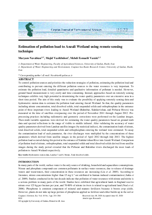 (PDF) Estimation of pollution load to Anzali Wetland using remote sensing technique