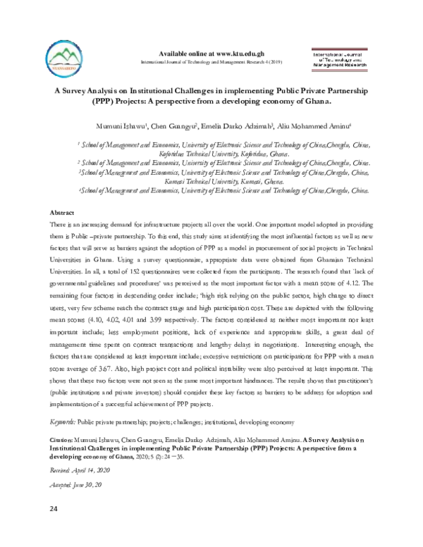 (PDF) A Survey Analysis on Institutional Challenges in implementing Public Private Partnership ...