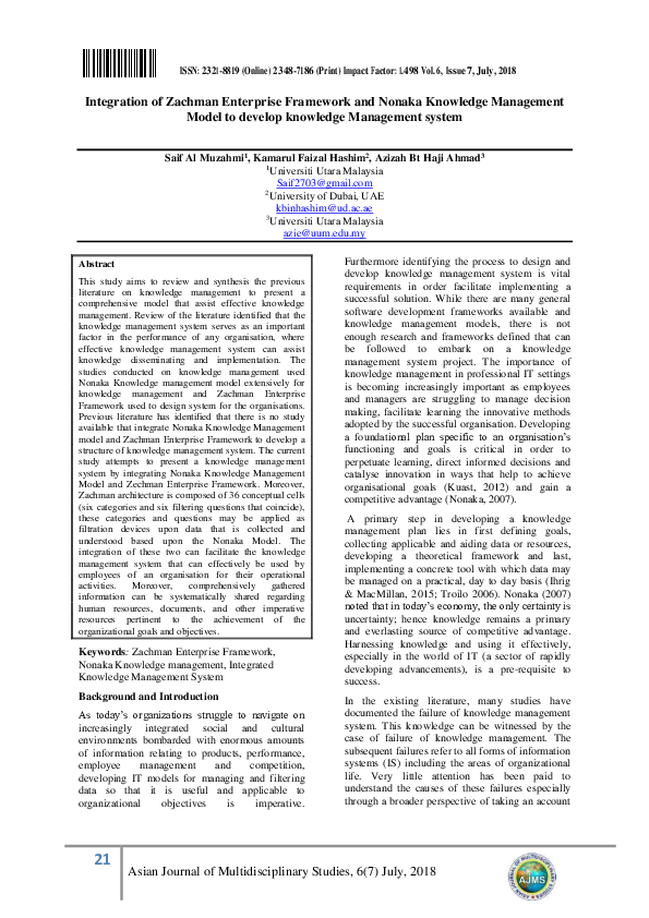 (PDF) Integration of Zachman Enterprise Framework and Nonaka Knowledge Management Model to ...