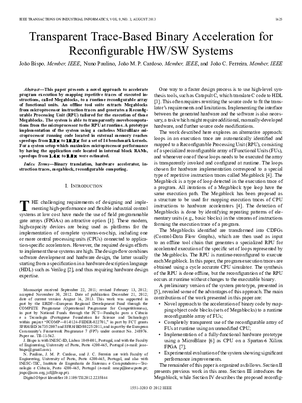 (PDF) Transparent Trace-Based Binary Acceleration for Reconfigurable HW/SW Systems