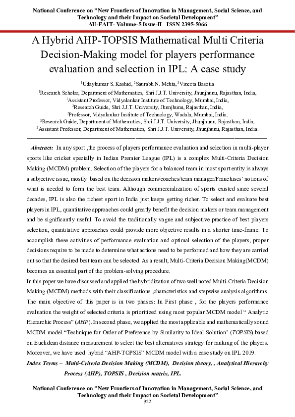 (PDF) A Hybrid AHP-TOPSIS Mathematical MCDM model for players ...