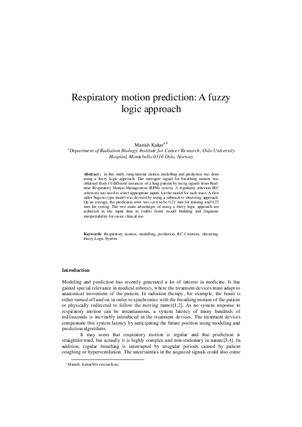 Pdf Respiratory Motion Prediction A Fuzzy Logic Approach