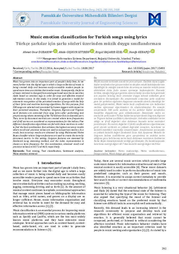 (PDF) Music emotion classification for Turkish songs using lyrics