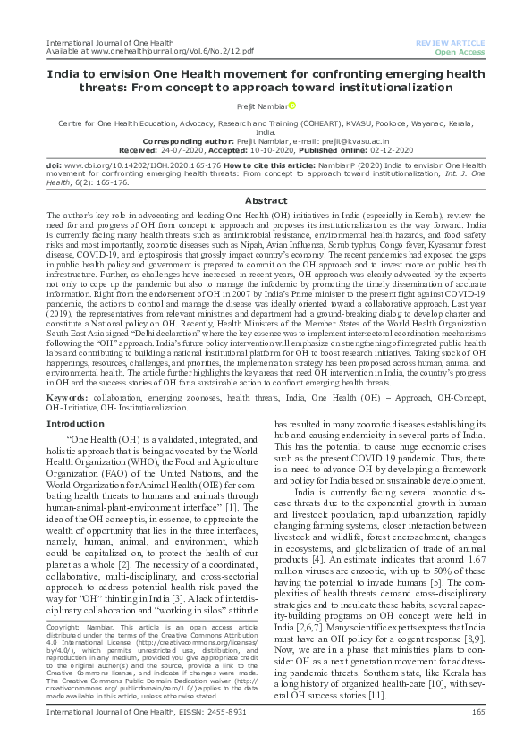 (PDF) India to envision One Health movement for confronting emerging ...
