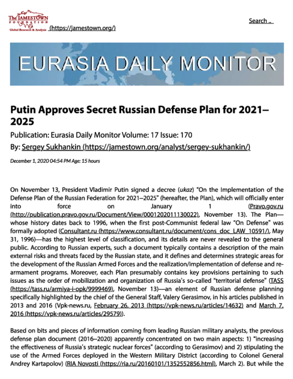 (PDF) Putin Approves Secret Russian Defense Plan for 2021–2025