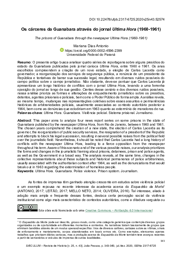 (PDF) Os cárceres da Guanabara através do jornal Ultima Hora (1960-1961)