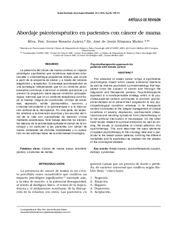 (PDF) Abordaje psicoterapéutico en pacientes con cáncer de mama
