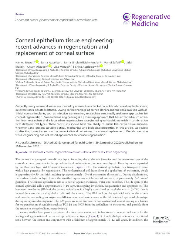 (PDF) Corneal epithelium tissue engineering: recent advances in regeneration and replacement of ...