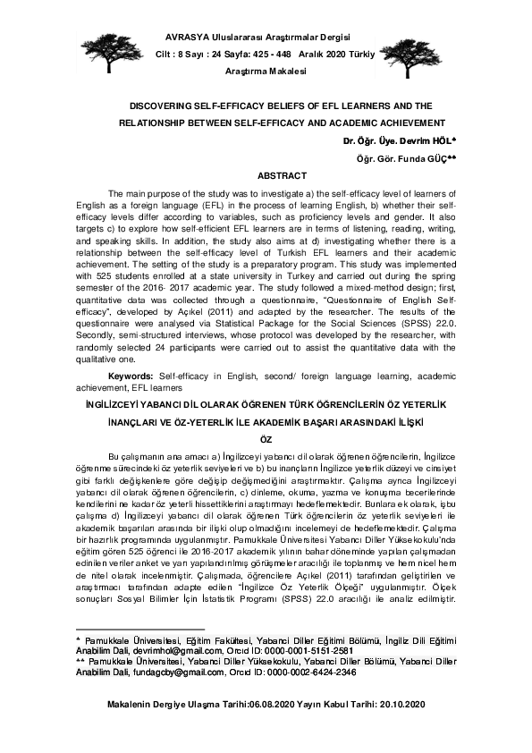 Pdf Discovering Self Efficacy Beliefs Of Efl Learners And The Relationship Between Self