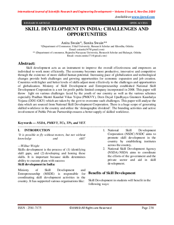 (PDF) SKILL DEVELOPMENT IN INDIA: CHALLENGES AND OPPORTUNITIES
