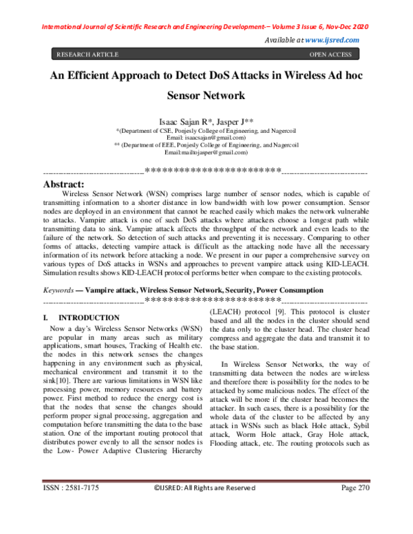 (PDF) An Efficient Approach to Detect DoS Attacks in Wireless Ad hoc Sensor Network