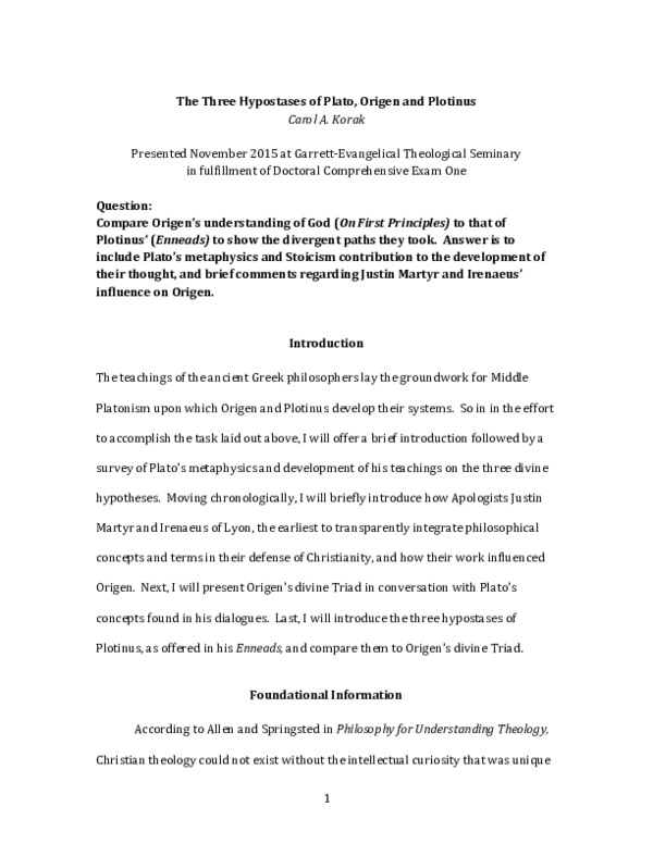 (PDF) The Three Hypostases of Plato, Origen and Plotinus