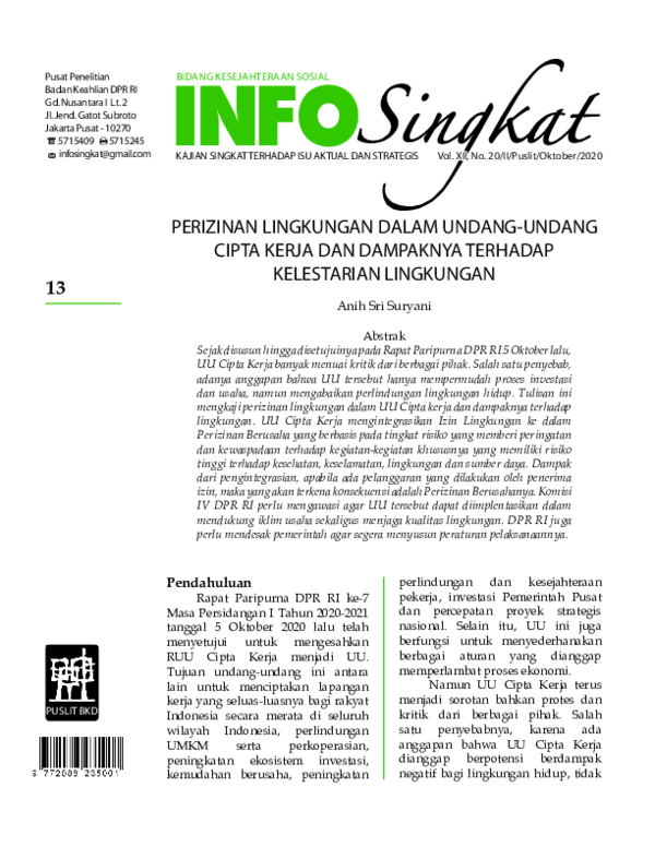 (PDF) 2020 20 Perizinan Lingkungan dalam Undang-Undang Cipta Kerja dan ...