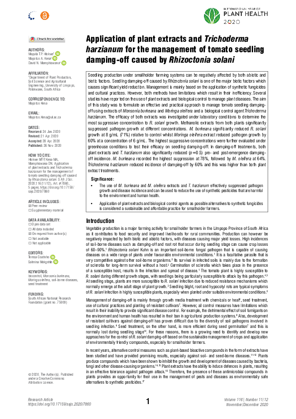 (PDF) Application of plant extracts and Trichoderma harzianum for the management of tomato ...