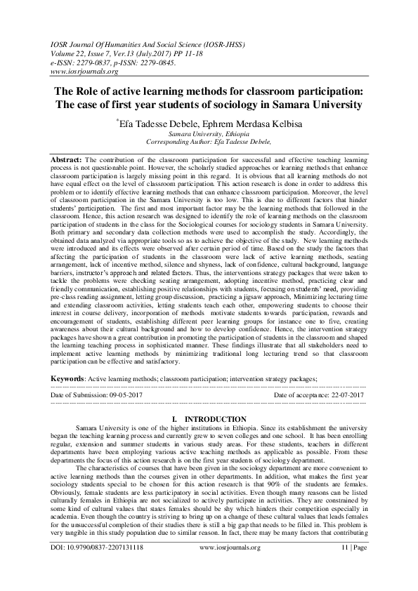 (PDF) The Role of active learning methods for classroom participation ...