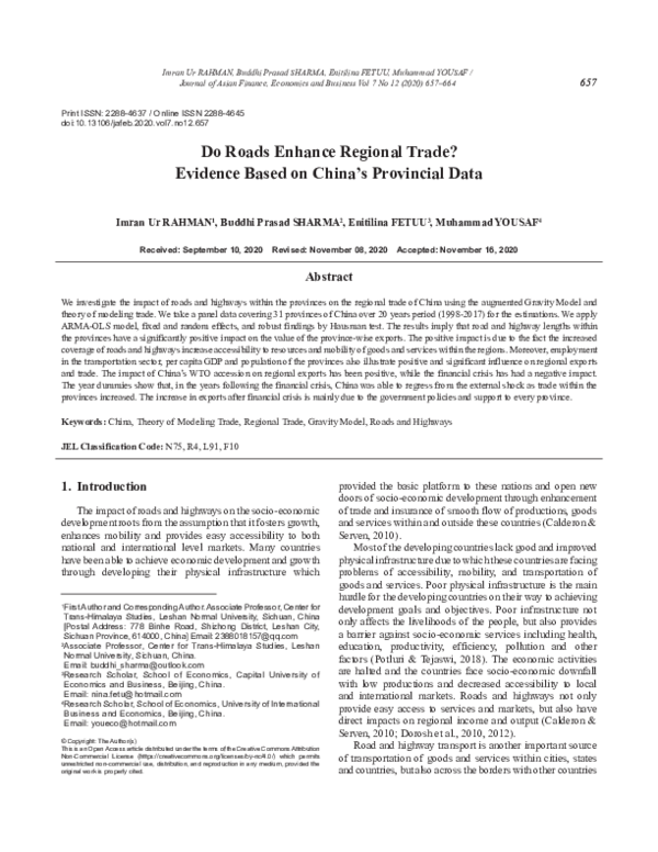 (PDF) Do Roads Enhance Regional Trade? Evidence Based on China's ...