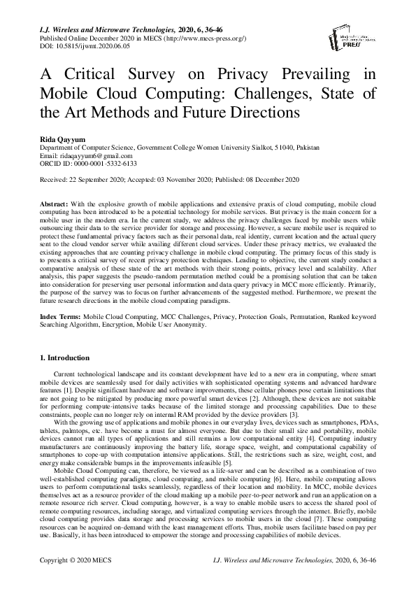 (PDF) A Critical Survey on Privacy Prevailing in Mobile Cloud Computing: Challenges, State of ...