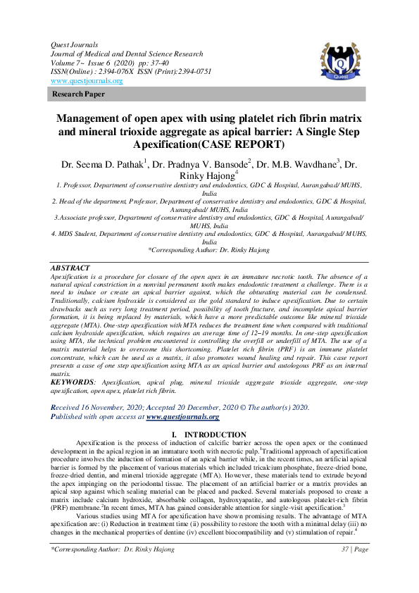 (PDF) Management of open apex with using platelet rich fibrin matrix ...