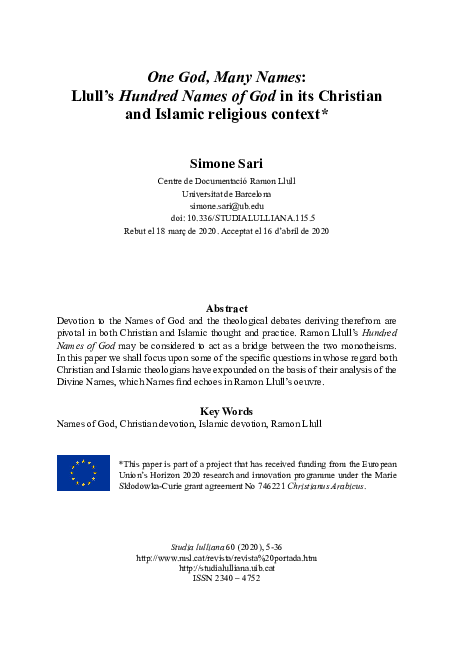 (PDF) One God, Many Names: Llull's Hundred Names of God in its ...