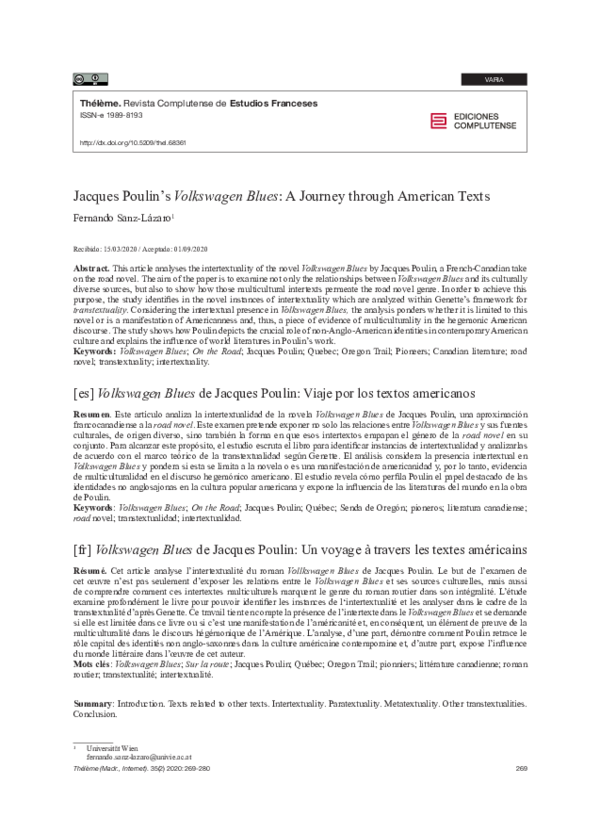 (PDF) Jacques Poulin’s Volkswagen Blues : A Journey through American Texts