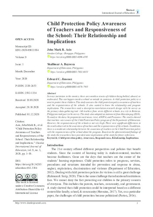 (PDF) Child Protection Policy Awareness of Teachers and Responsiveness ...