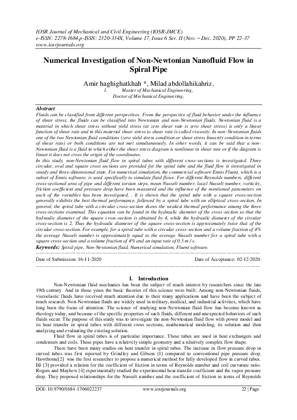 (PDF) Numerical Investigation of Non-Newtonian Nanofluid Flow in Spiral Pipe