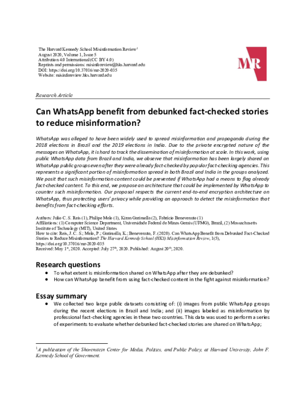 (PDF) Can WhatsApp benefit from debunked fact-checked stories to reduce ...