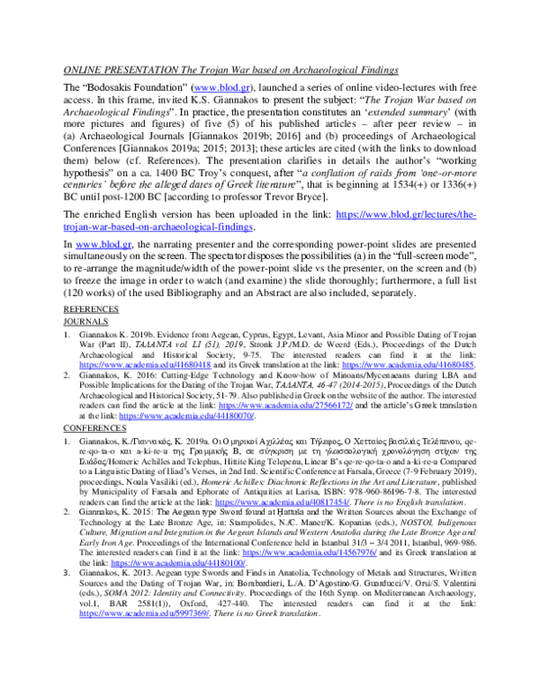 (PDF) ONLINE PRESENTATION The Trojan War based on Archaeological Findings