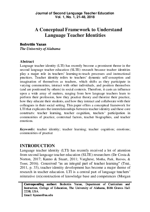 (PDF) A Conceptual Framework to Understand Language Teacher Identities