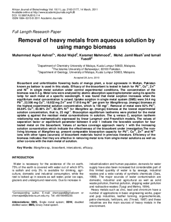 (PDF) Removal of heavy metals from aqueous solution by using mango biomass