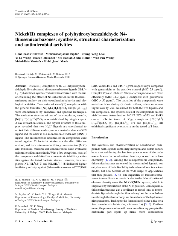 (PDF) Antitumor and Antibacterial Activity of Ni(II), Cu(II), Ag(I), and Hg(II) Complexes with ...