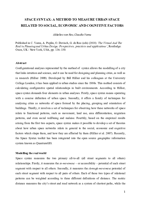 Pdf Space Syntax A Method To Measure Urban Space Related To Social