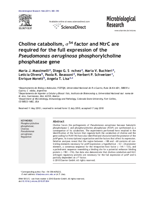 (PDF) Choline catabolism, σ54 factor and NtrC are required for the full ...