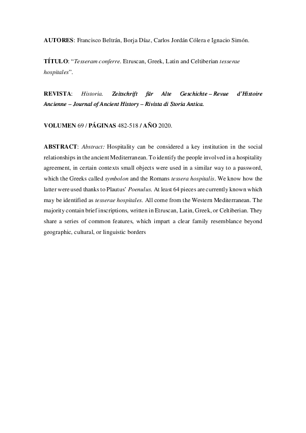 (PDF) Tesseram conferre. Etruscan, Greek, Latin and Celtiberian ...