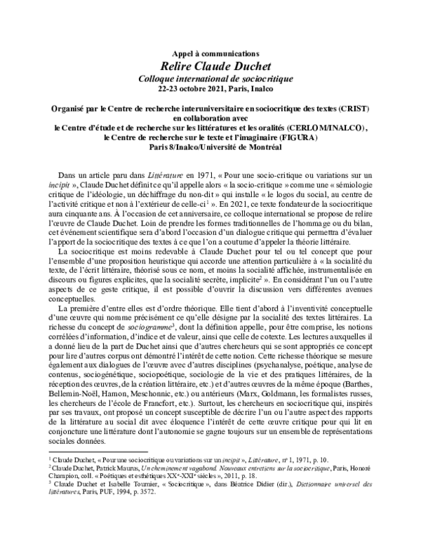 (PDF) Appel à communications (30/03/21): Relire Claude Duchet (22-23 ...