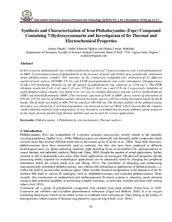 (PDF) Synthesis and Characterization of Iron Phthalocyanine (Fepc) Compound Containing 7 ...