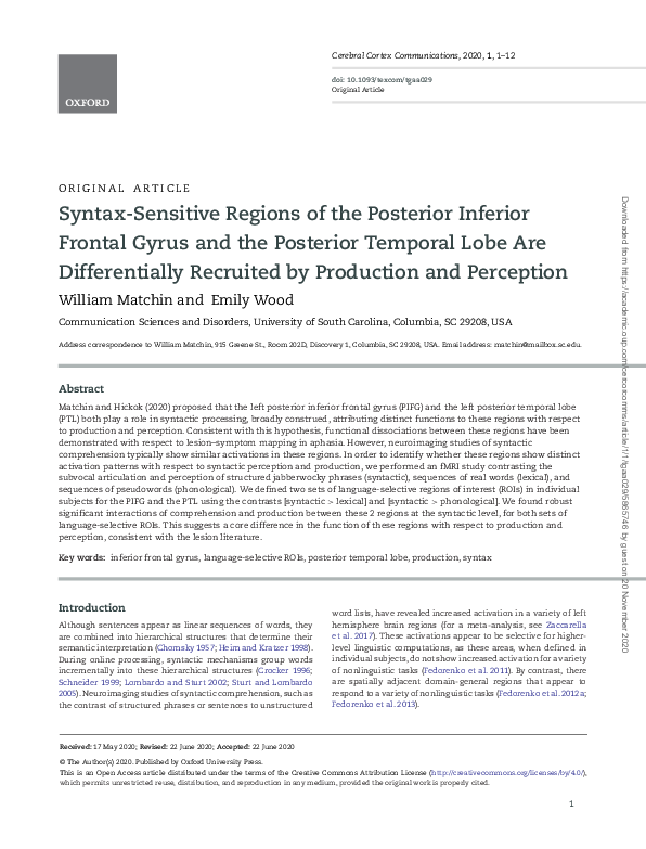 (PDF) Syntax-Sensitive Regions of the Posterior Inferior Frontal Gyrus ...
