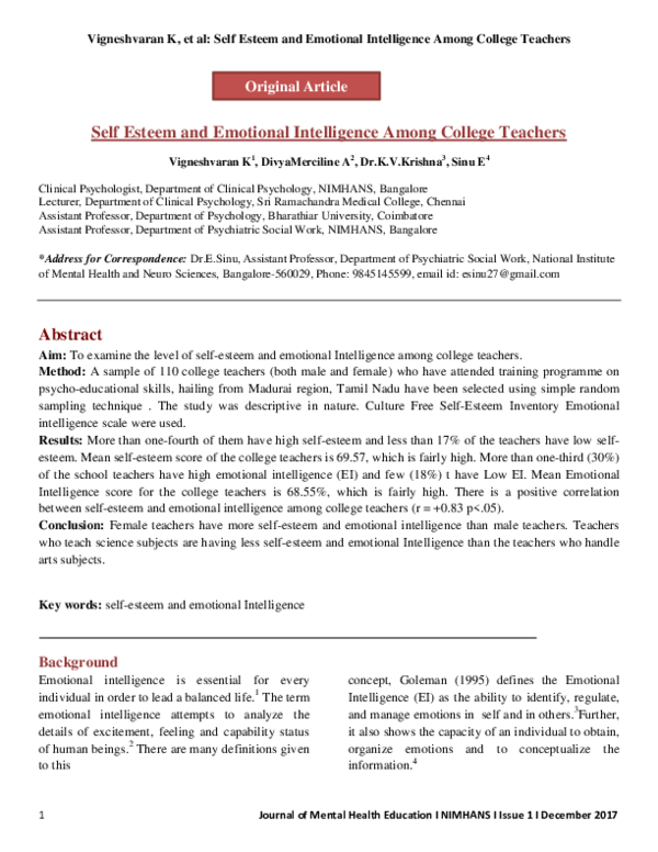(PDF) SELF ESTEEM AND EMOTIONAL INTELLIGENCE AMONG SCHOOL TEACHERS