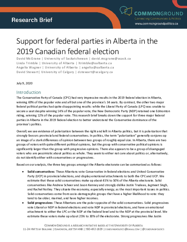 (PDF) Support for federal parties in Alberta in the 2019 Canadian ...
