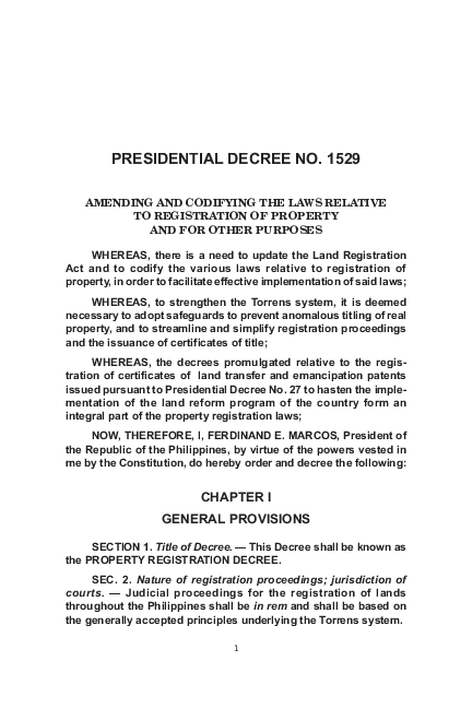(PDF) PRESIDENTIAL DECREE NO. 1529 AMENDING AND CODIFYING THE LAWS ...