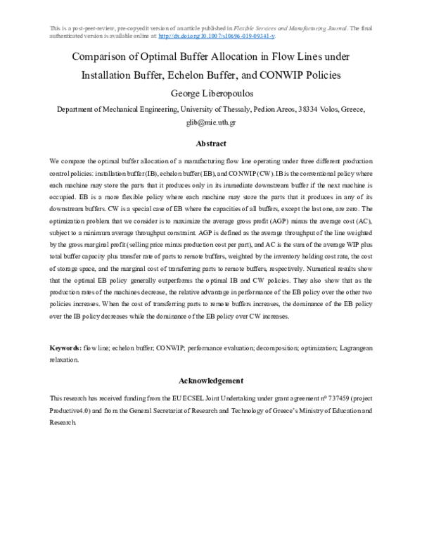 Pdf Comparison Of Optimal Buffer Allocation In Flow Lines Under Installation Buffer Echelon