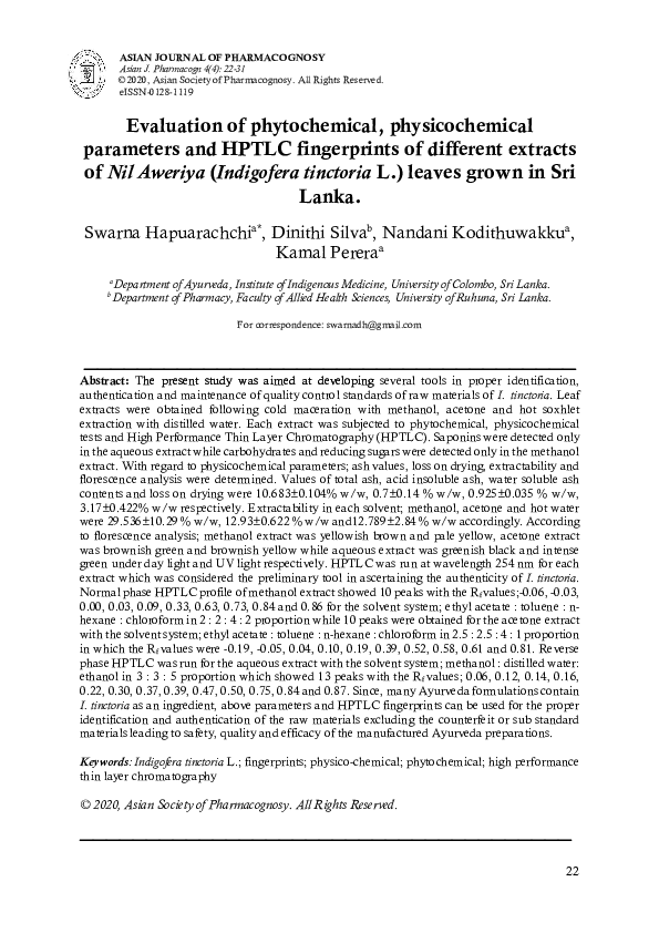 (PDF) Evaluation of phytochemical, physicochemical parameters and HPTLC fingerprints of ...