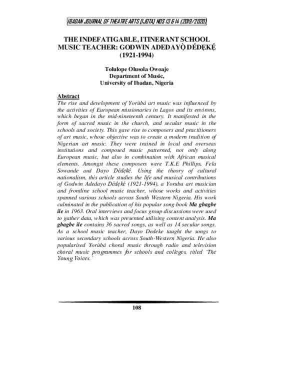 (PDF) THE INDEFATIGABLE, ITINERANT SCHOOL MUSIC TEACHER: GODWIN ADEDAYÒ ...