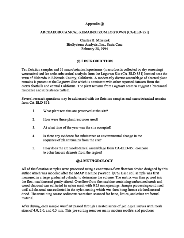 (DOC) ARCHAEOBOTANICAL REMAINS FROM LOGTOWN (CA-ELD-851)