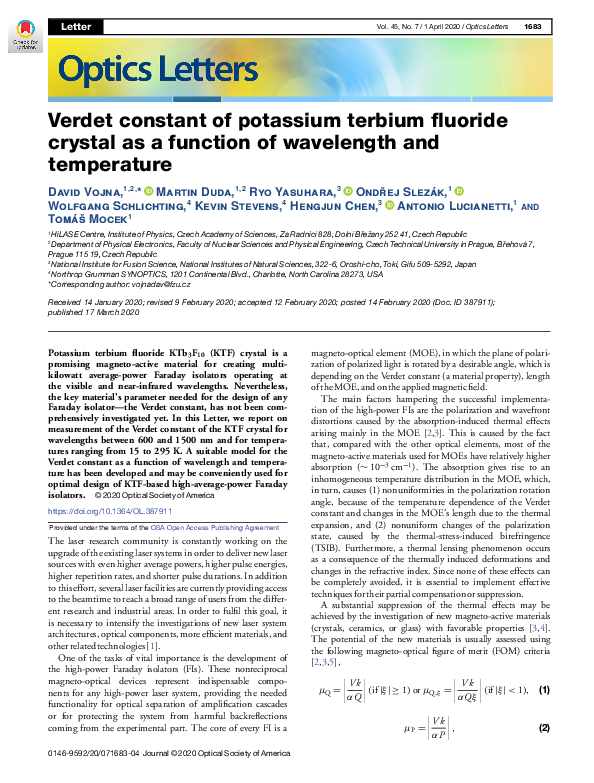 (PDF) Verdet constant of potassium terbium fluoride crystal as a ...