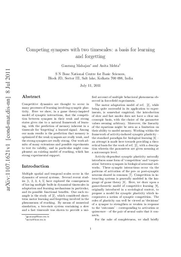 (PDF) Competing synapses with two timescales: a basis for learning and ...